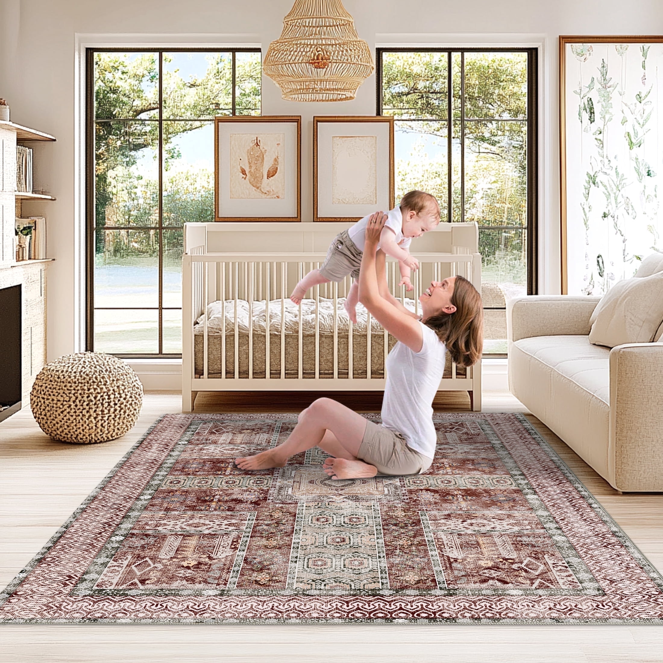 ZENELESS 5x7 Area Rugs Non Slip Washable Rust Red Rug, Foldable Low ...