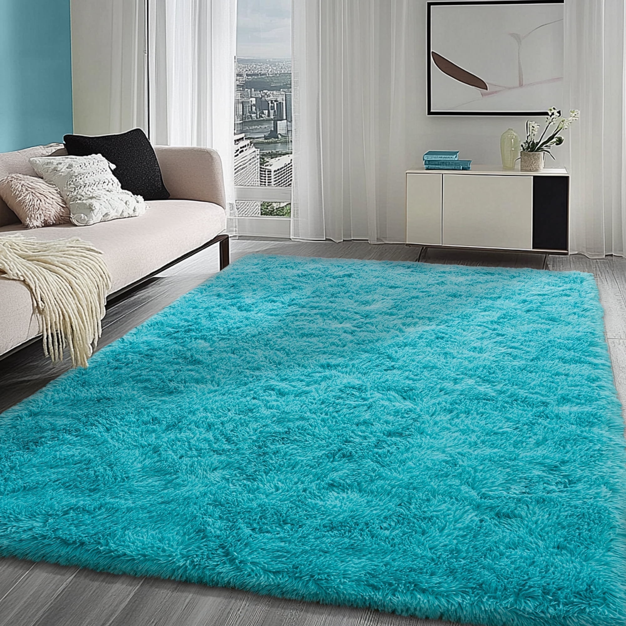 ZENELESS 9'x12' Teal Blue Plush Shaggy Rug, Extra Large Soft Indoor ...