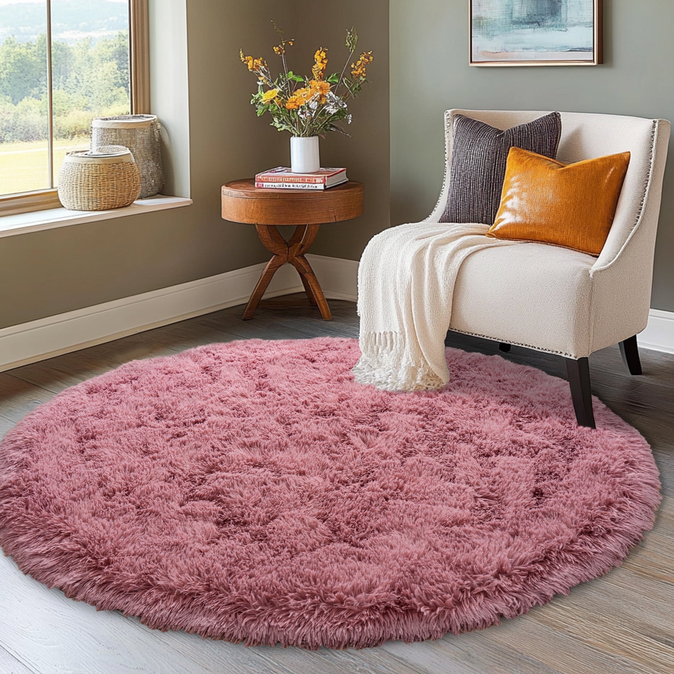 ZENELESS Fluffy Circle Rug for Girls Bedroom,6x6ft Blush Pink Non-Slip ...