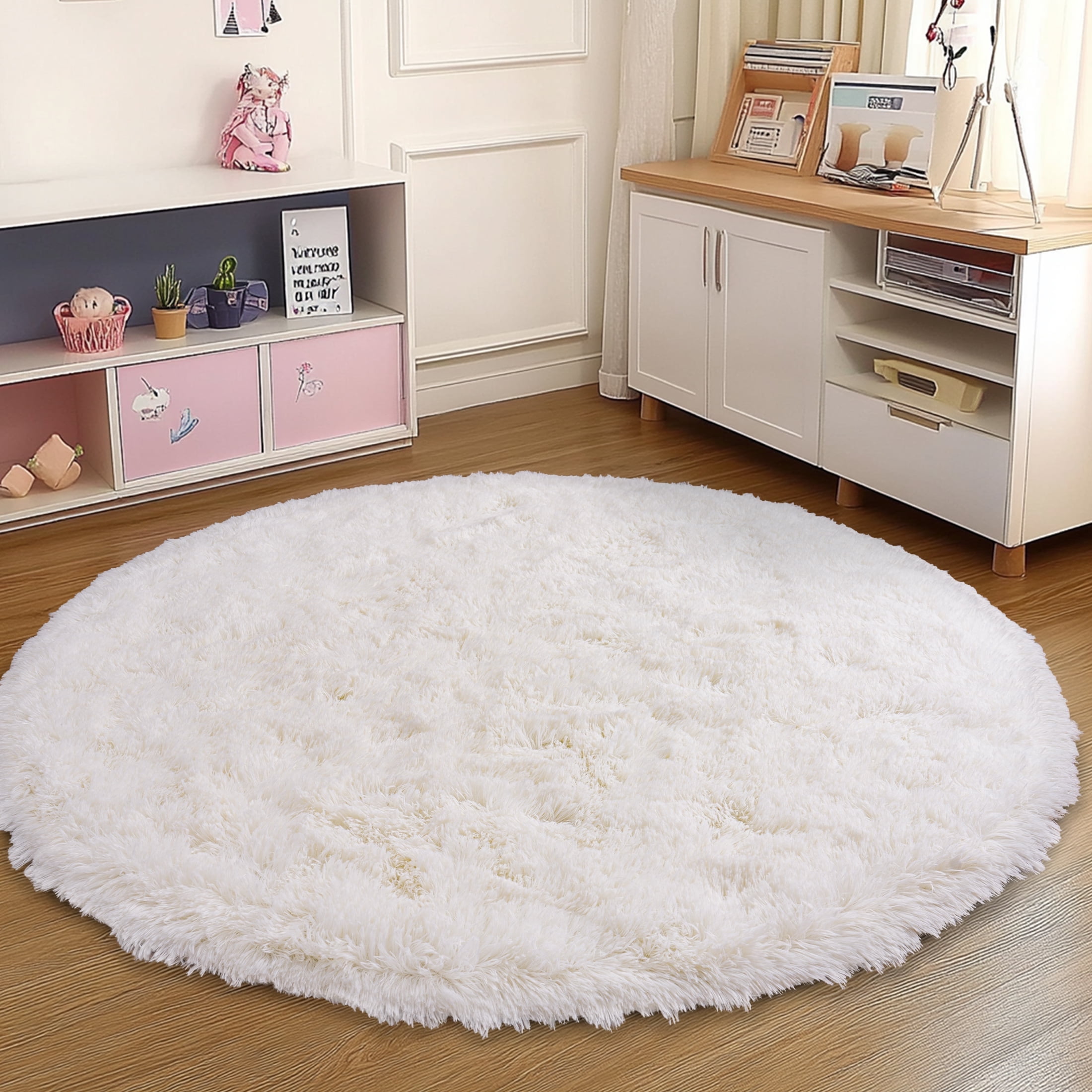 ZENELESS Fluffy Shag Circle Rug for Nursery Room,7x7ft Cream White ...
