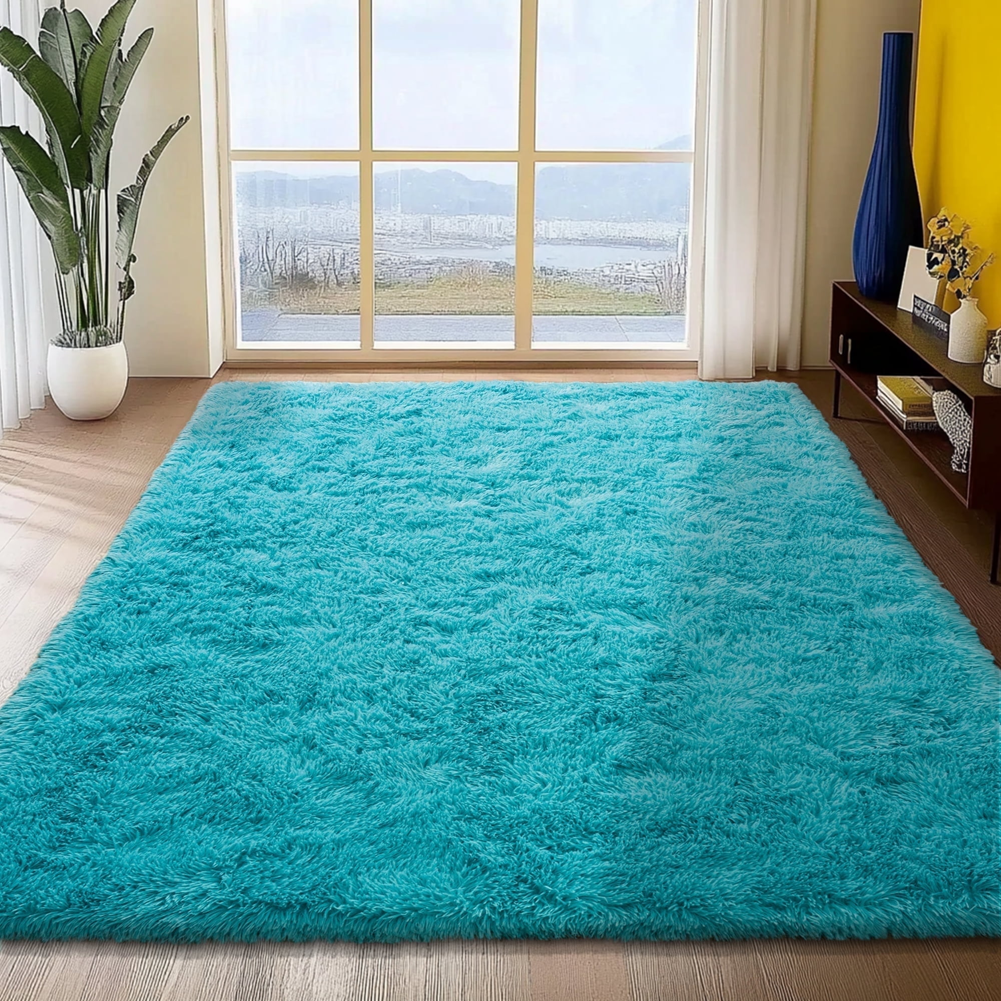 ZENELESS Indoor Fluffy Rug,5x7 Teal Blue Fuzzy Non-Slip Carpets for ...