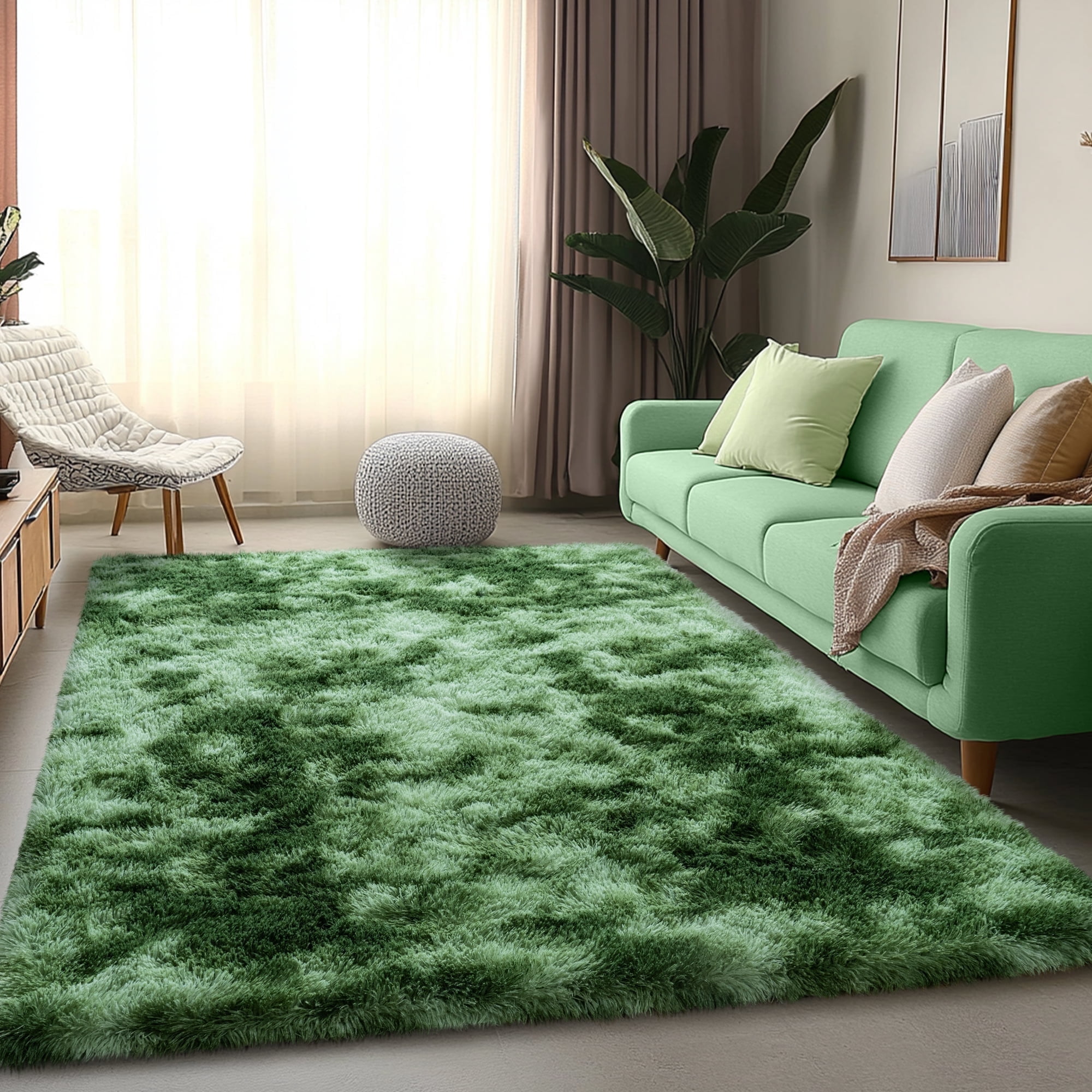 ZENELESS Indoor Fluffy Rug,5x7 Tie-Dye Dark Green Fuzzy Non-Slip ...