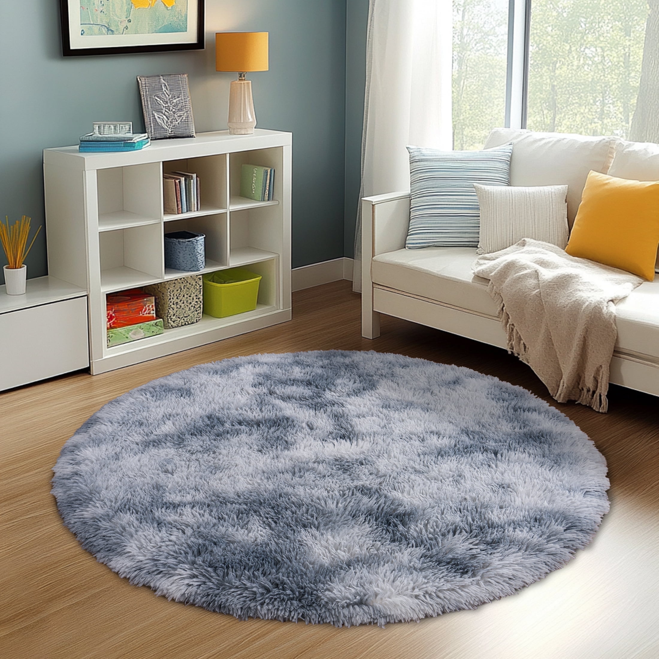 ZENELESS Round Fluffy Rug for Kids Room,4x4ft Tie-dye Silver Gray ...