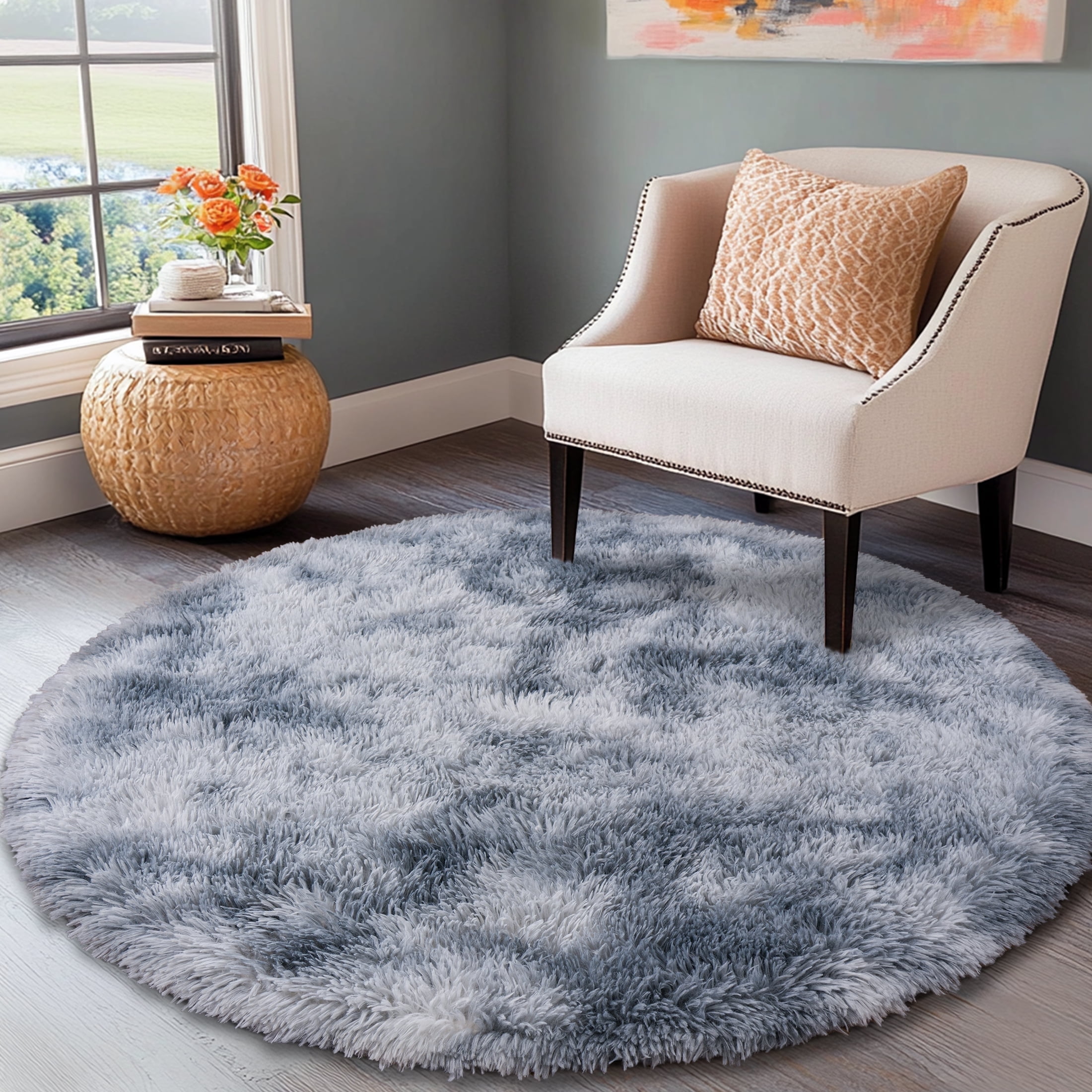 ZENELESS Round Fluffy Rug for Kids Room,5x5ft Tie-dye Silver Gray ...