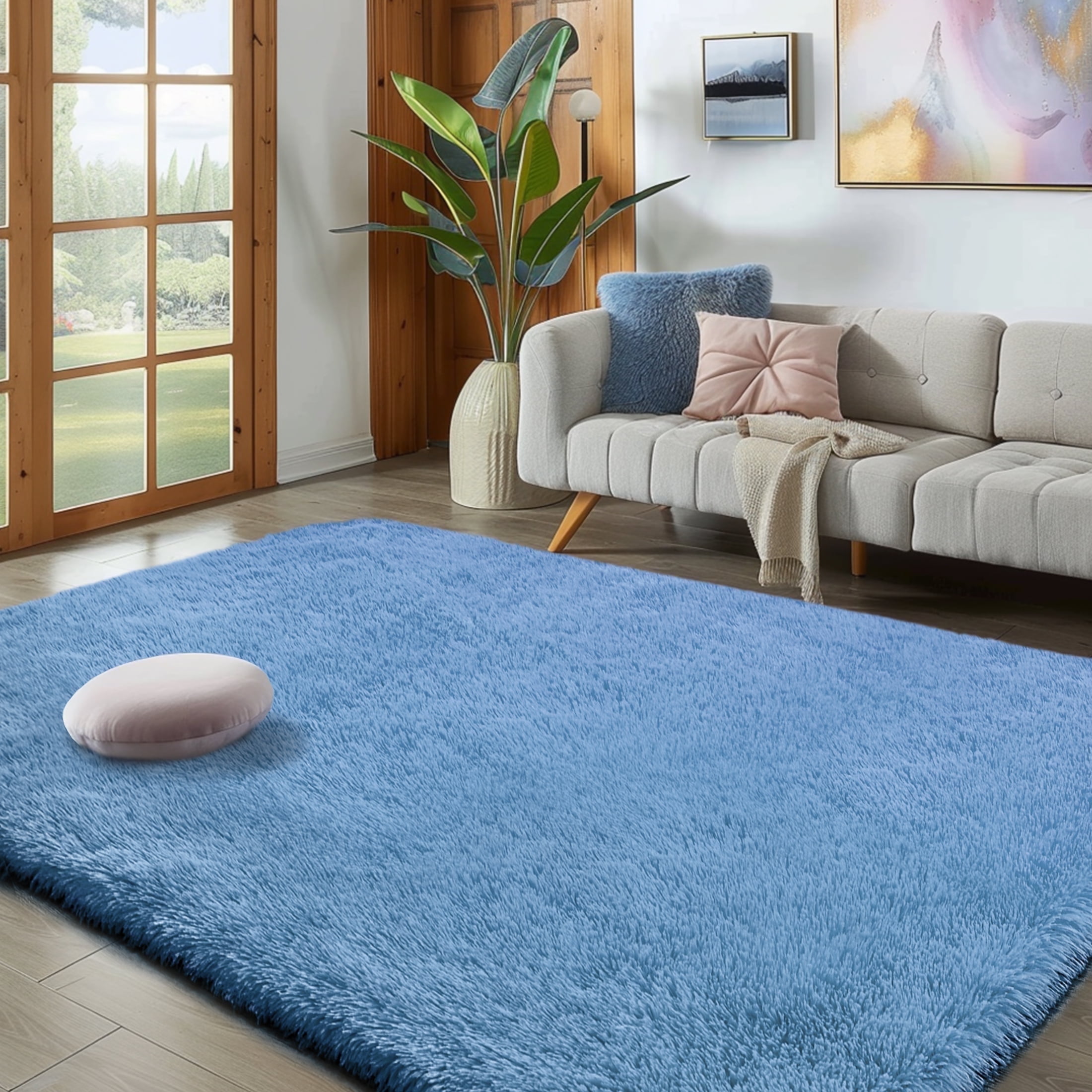ZENELESS Solid Shag Collection Rug–8x10ft Gray Blue Large Fluffy Area ...