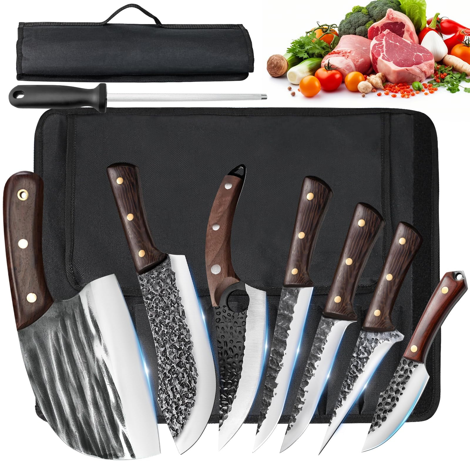 ZENG 8 Pieces Butcher Knife Set with Roll Chef Knife Set for Meat ...