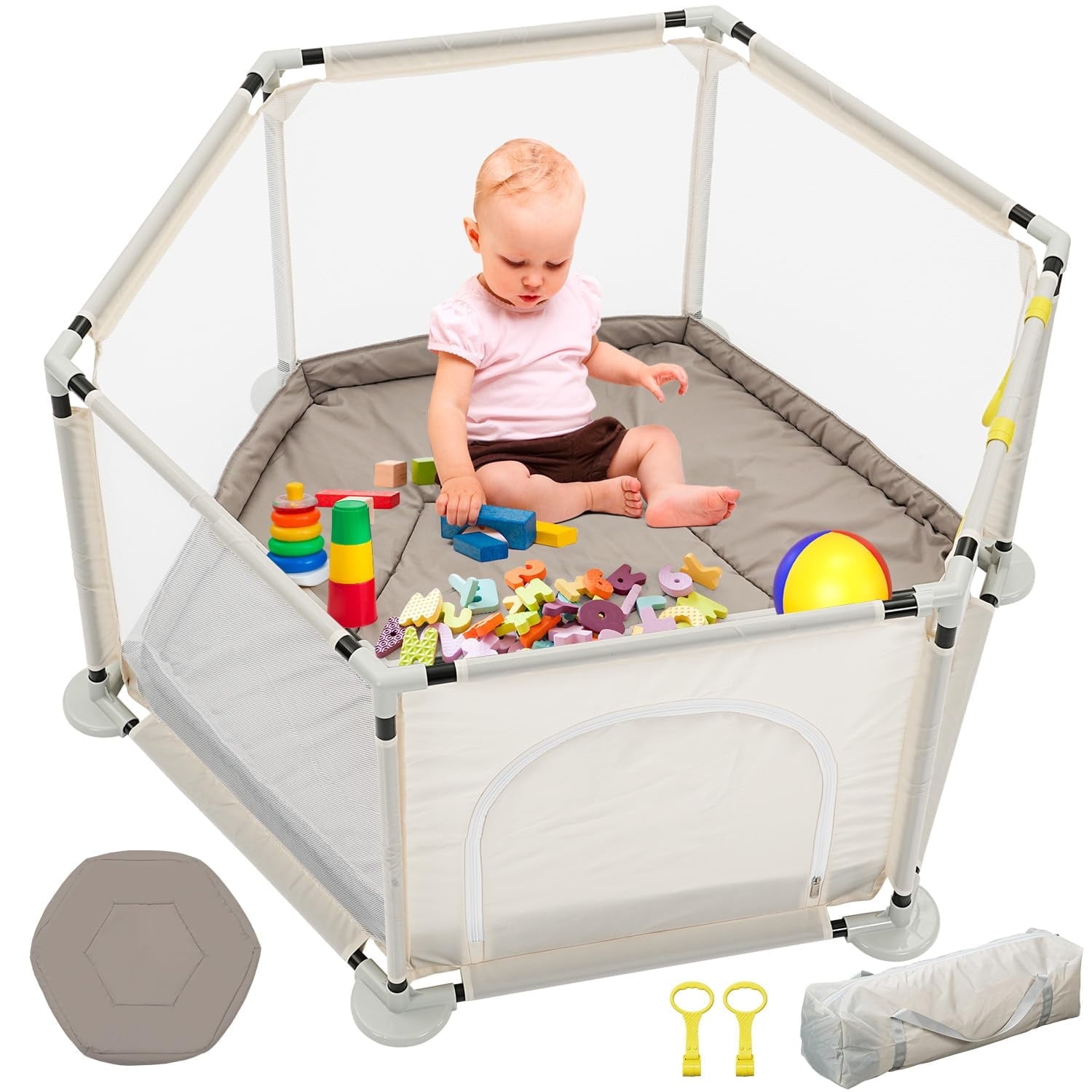 ZENOVA Baby Playpen with Mat and Carrybag Baby Fence 6 Panels Play Yard ...
