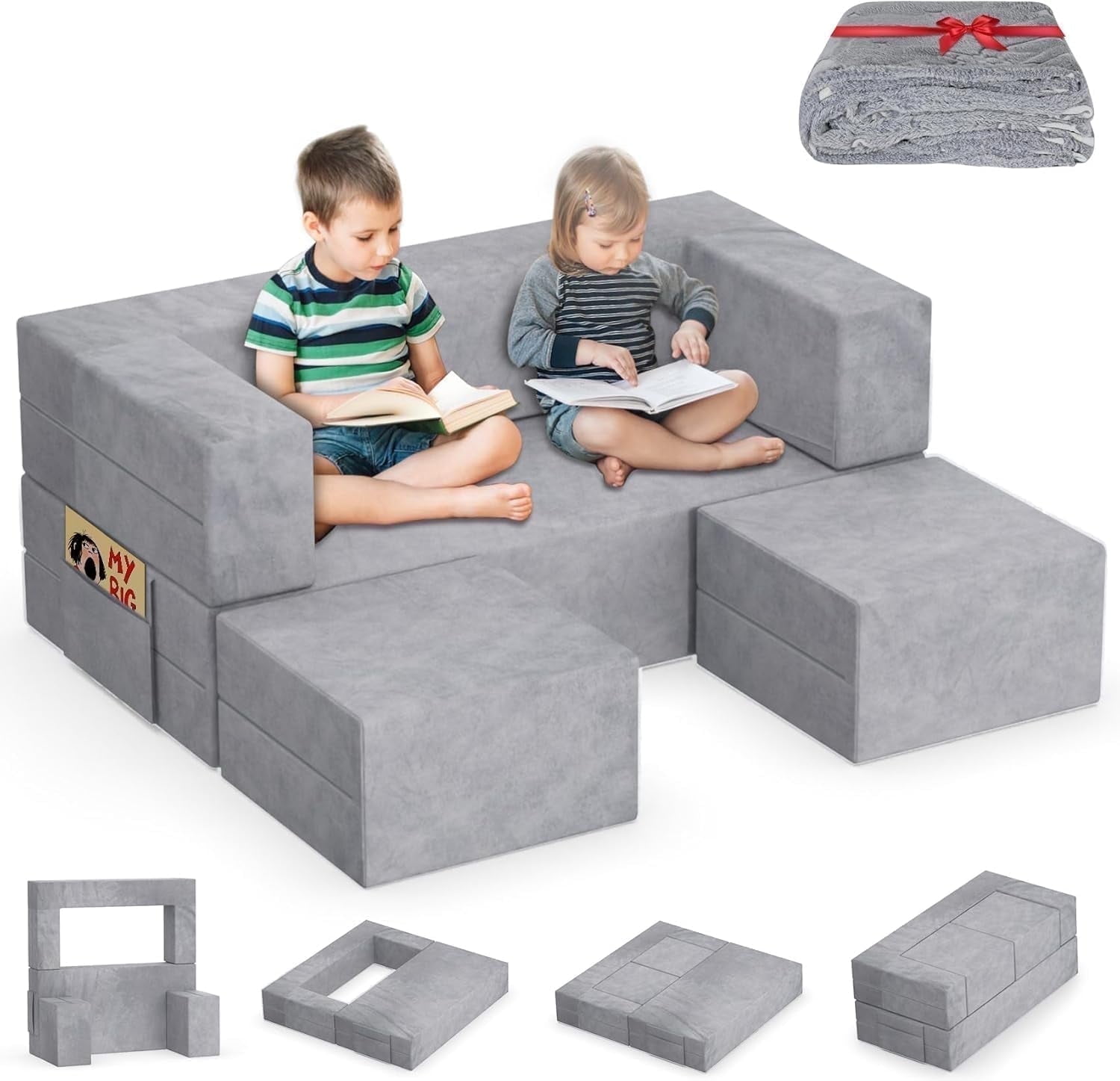 ZENPETIO Toddler Couch, 6pcs Kids Sofa with Blanket,Fold Out ...
