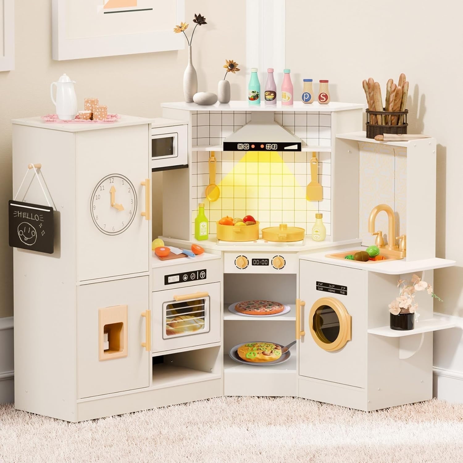 ZENPETIO Coner Wooden Play Kitchen for Kids Ages 3+ w/Real Lights ...