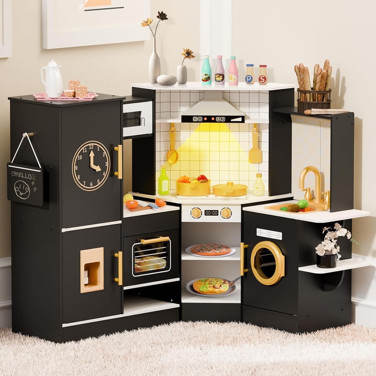ZENPETIO Coner Wooden Play Kitchen for Kids Ages 3+ w/Real Lights ...