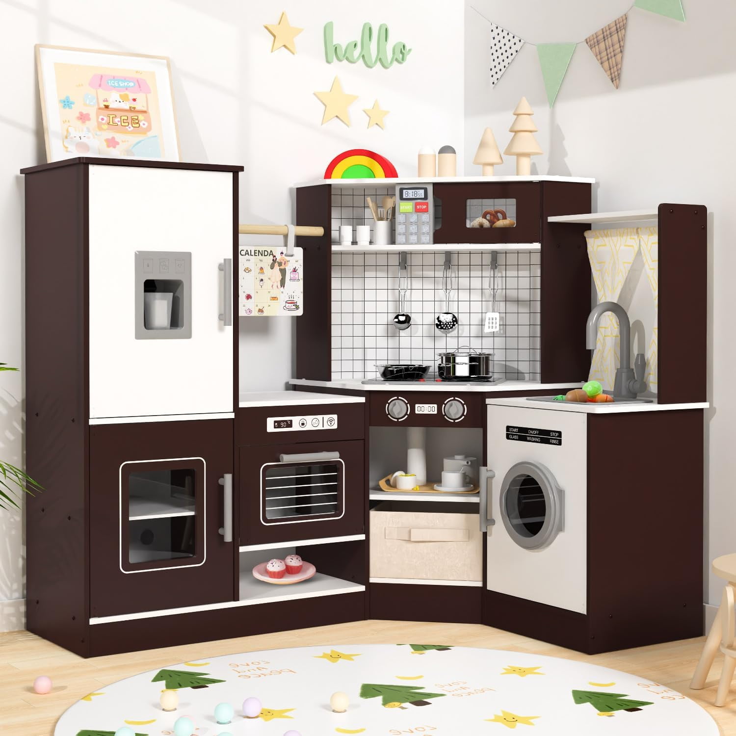 ZENPETIO Corner Wooden Play Kitchen Set for Kids 3+ w/Lights Sounds ...