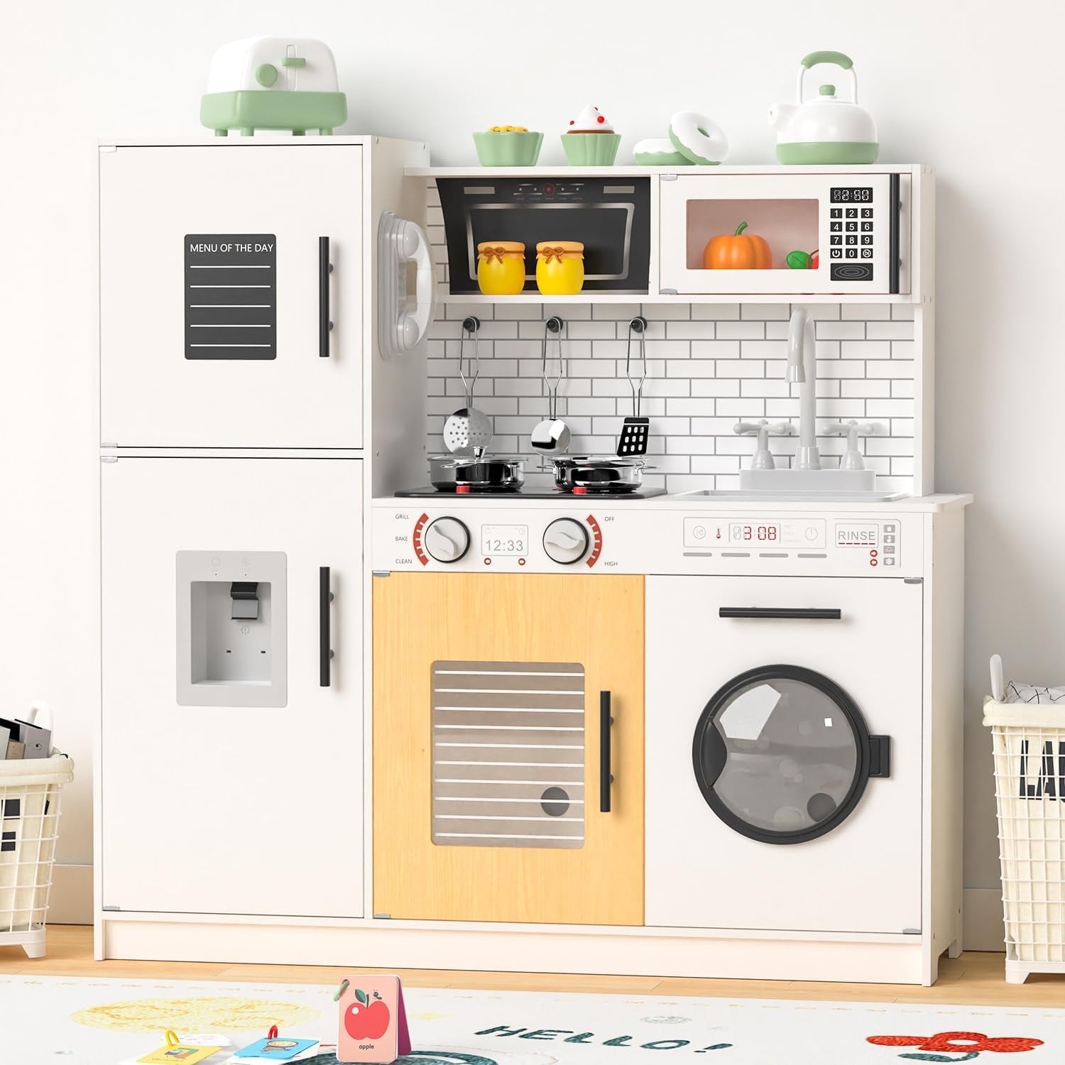 ZENPETIO Wooden Interactive Play Kitchen Playset for Kids Ages 3+ W ...