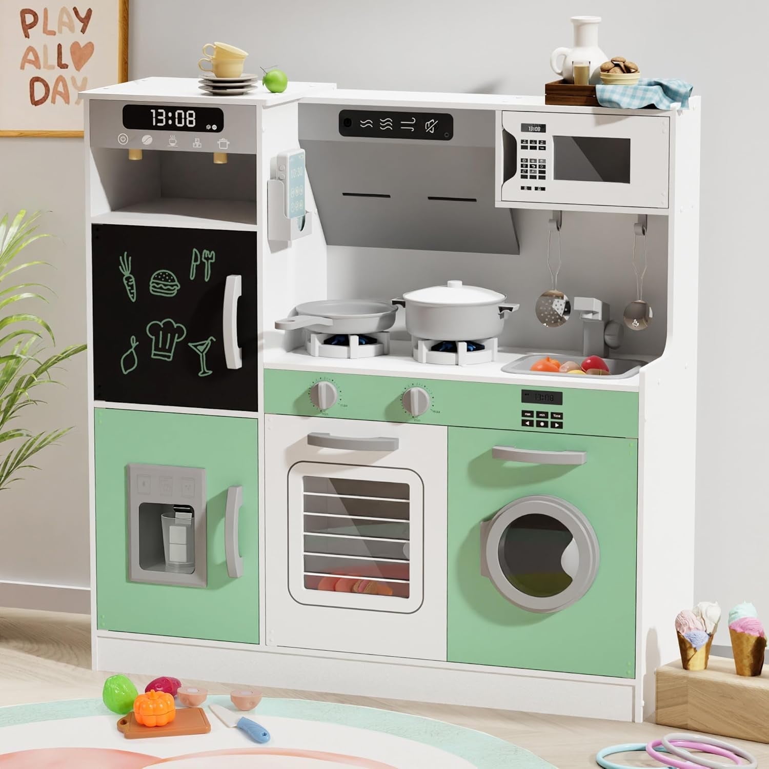 ZENPETIO Wooden Play Kitchen w/Realistic Lights & Sounds for Ages 3 ...