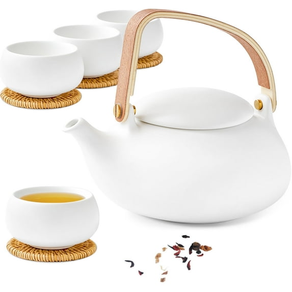 ZENS, Japanese Tea Set, 27 oz, with Infuser, 4 Cups & Rattan Coasters ...