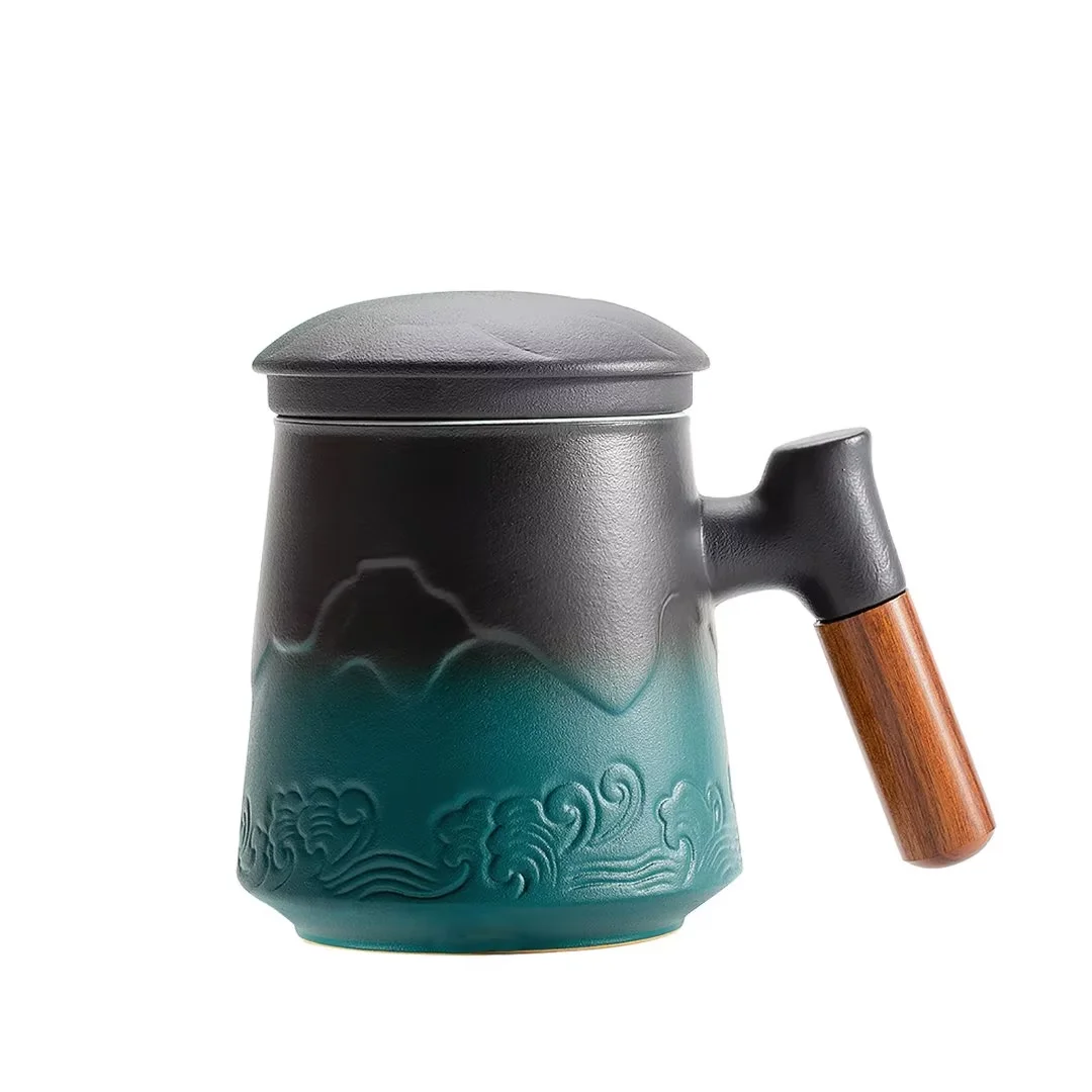 ZENS Tea Cup with Infuser and Lid, 13.5oz Rosewood Handle Embossed Ceramic Tea Mug for Loose ...