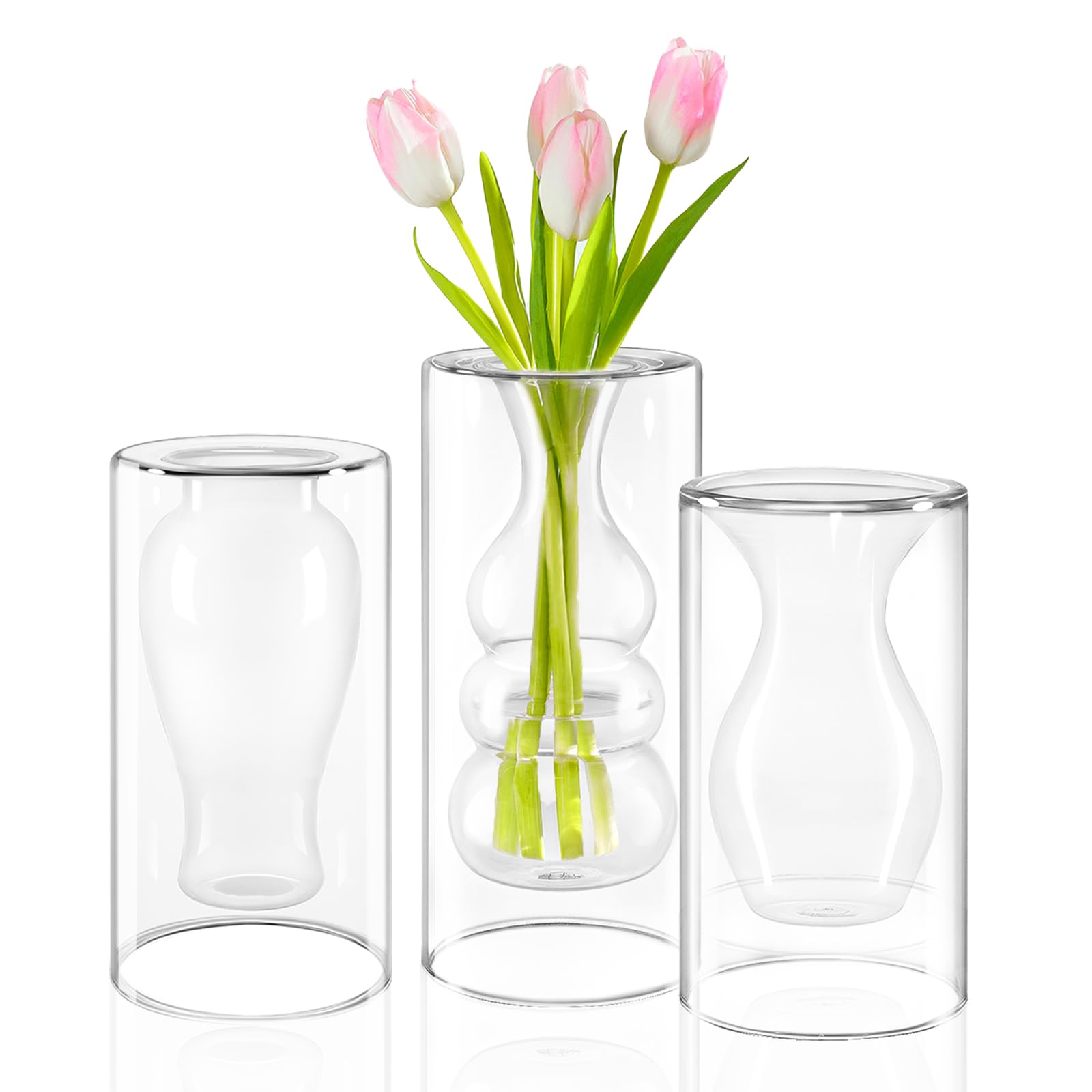 ZENS Unique Clear Small Flower Vase Set of 3, Modern Floating ...