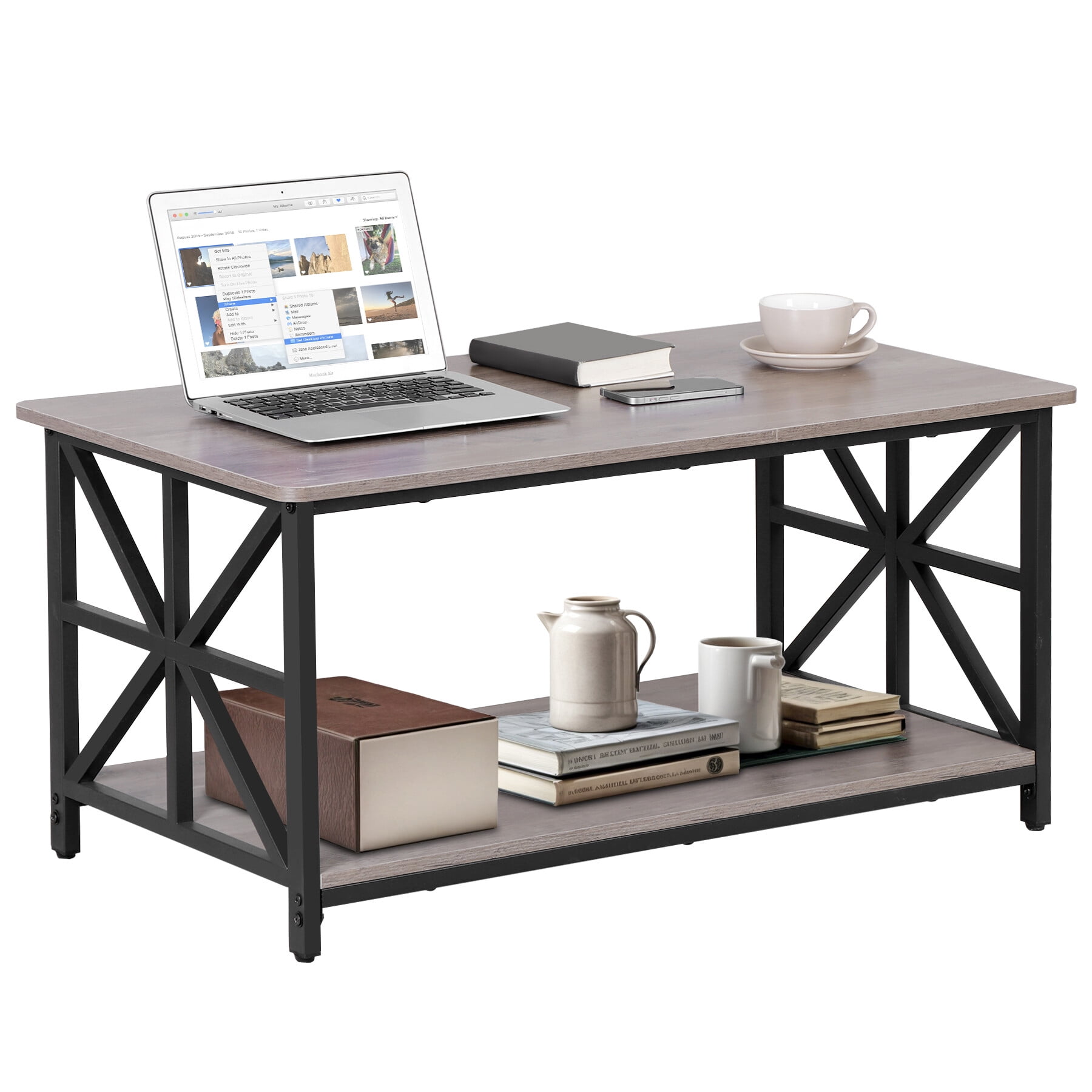 ZENSTYLE 39" Coffee Table Wood Side Table Storage Shelf X-Frame Design ...