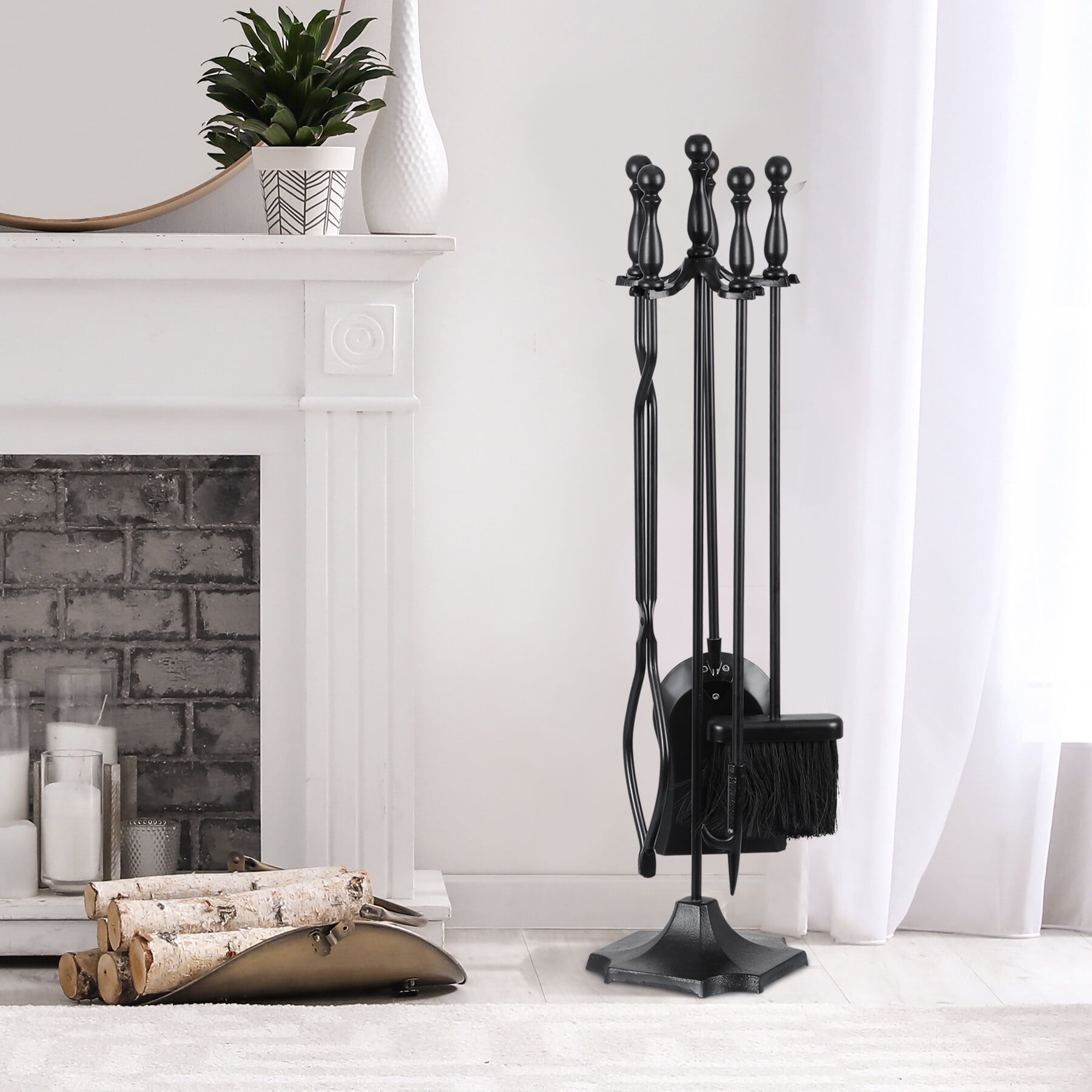 ZenStyle Metal Frame Brass Handle Fireplace Tool Set, Black - Walmart.com