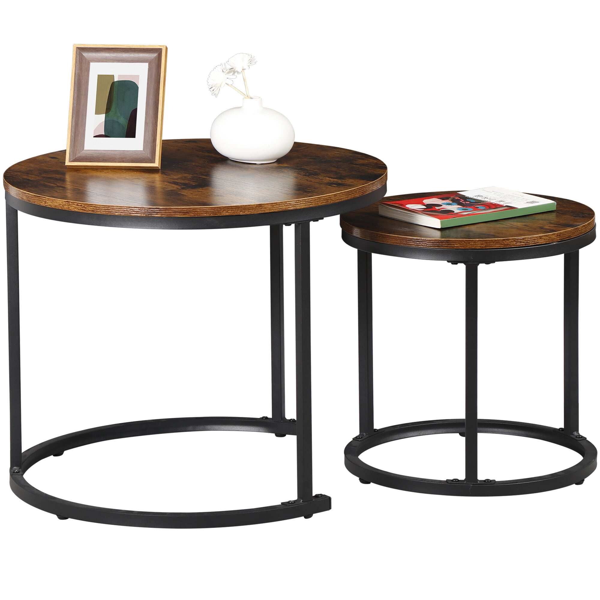 "ZenStyle Set of 2 Round Coffee Tables, Metal Frame, Space-Saving, 23.6 ...