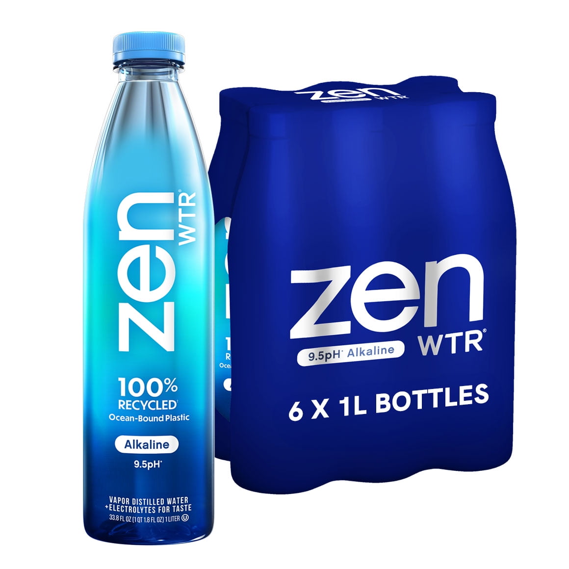 ZenWTR Alkaline Water, Vapor Distilled 9.5pH, 1 Liter, 6 Pack, Recycled ...