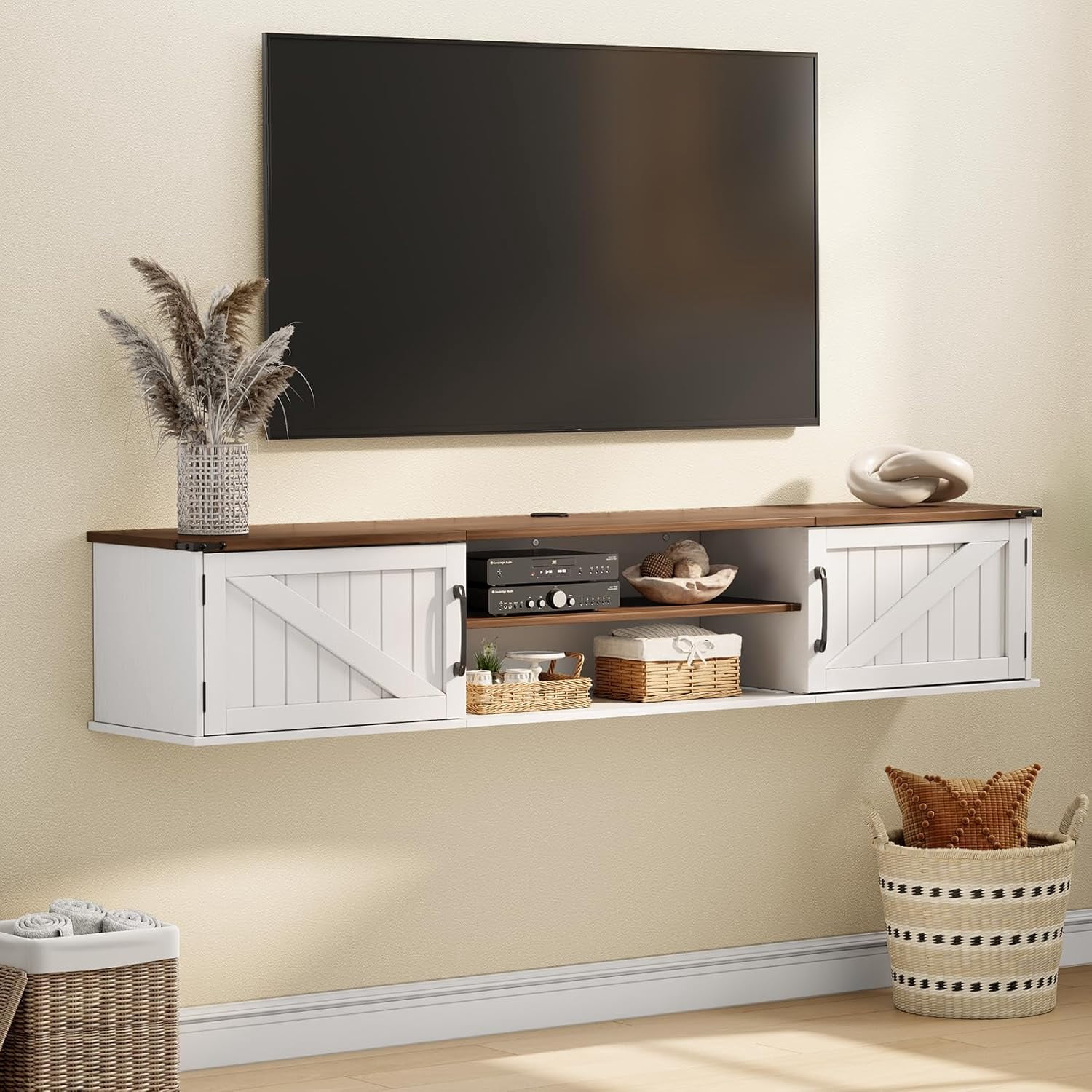 ZENX Floating TV Stand with Doors, 63'' Farmhouse Floating TV Shelf for ...