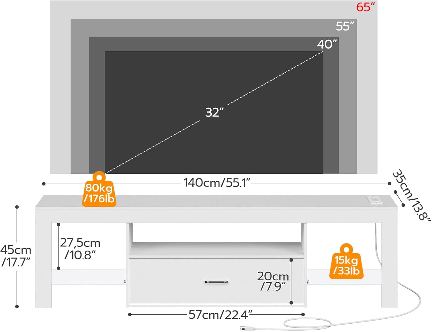 ZENX LED TV Stand with Power Outlets to 65 inch TV, Gaming ...