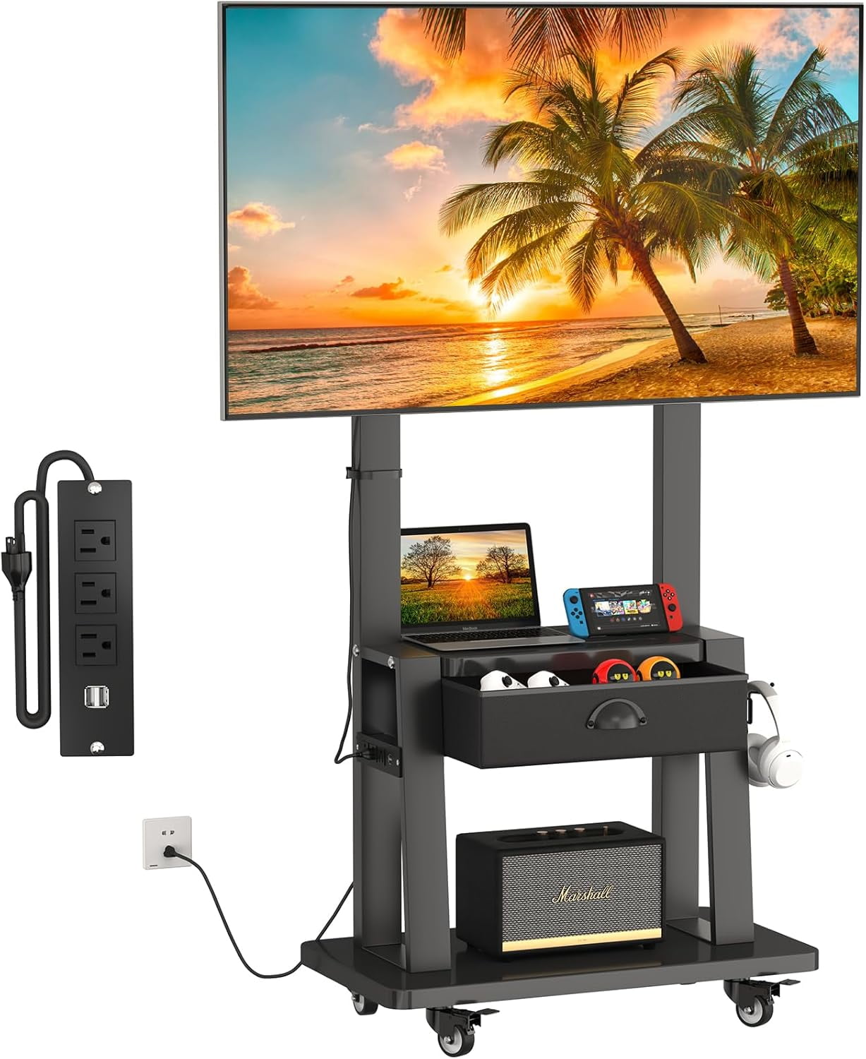 ZENX Rolling TV Stand with Power Outlet,TV Cart with Drawer for 23-75 ...