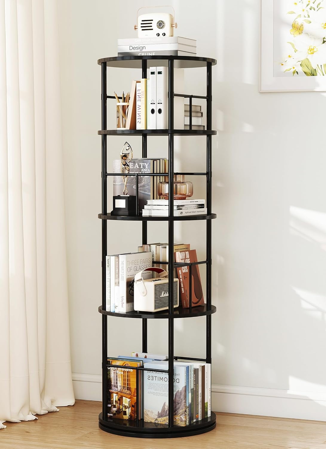 4 Tier Rotating Bookshelf Black, Tall Spinning Bookcase,Round Rotating ...