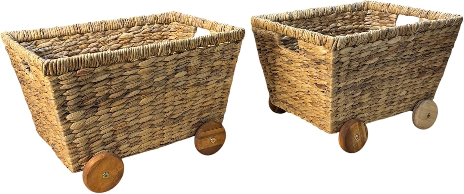 ZENX Wicker Toys Storage with Removable Wheels, Set of 2, Heavy Duty ...