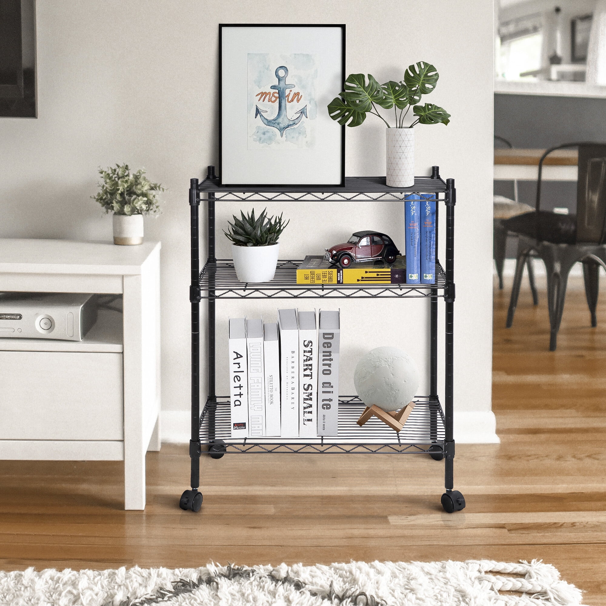 ZENY 3 Tiers Height Adjustable Rolling Cart Metal Frame Storage Tower ...