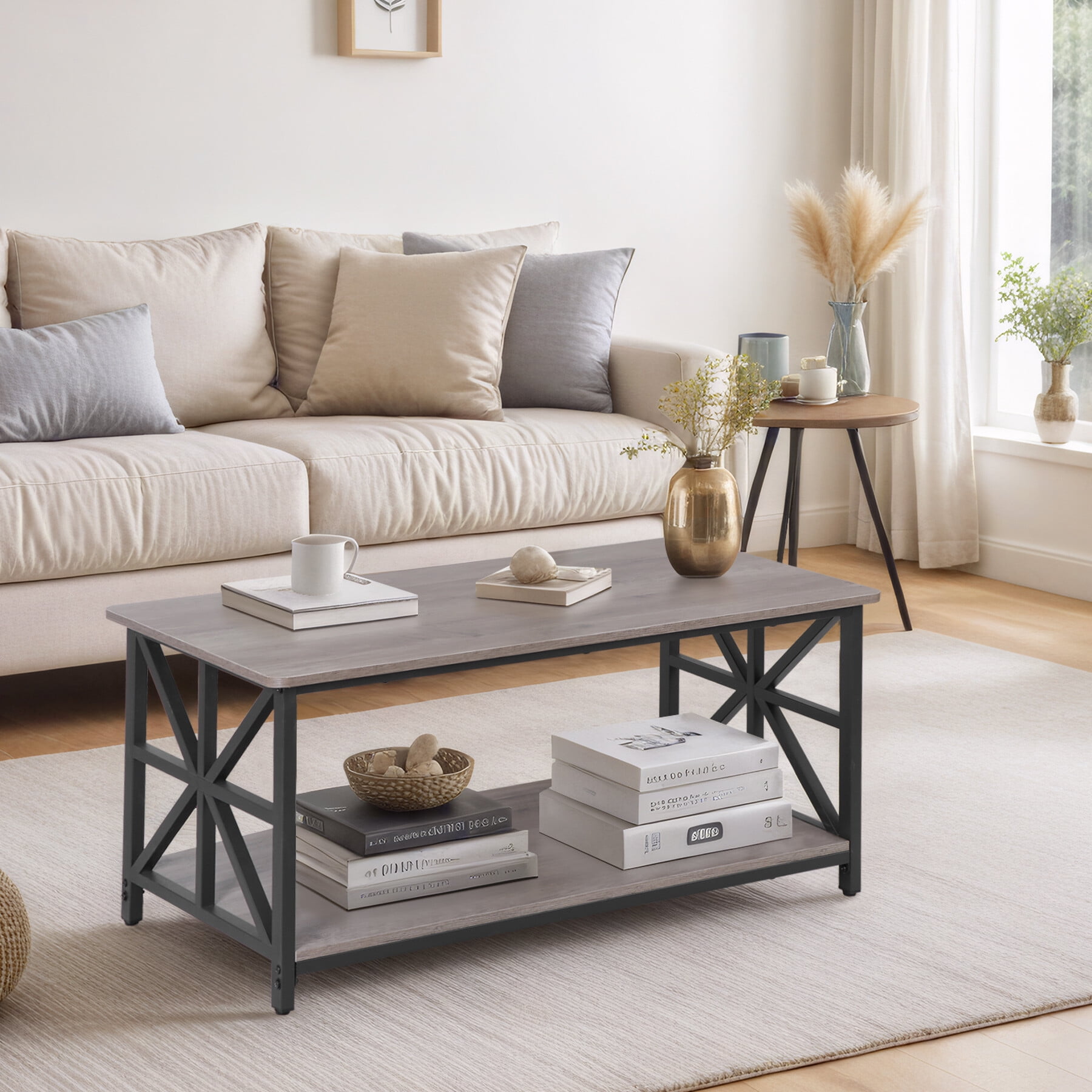 ZENY 39 inch Rectangle Wood Coffee Table Metal Frame Storage Shelf X ...