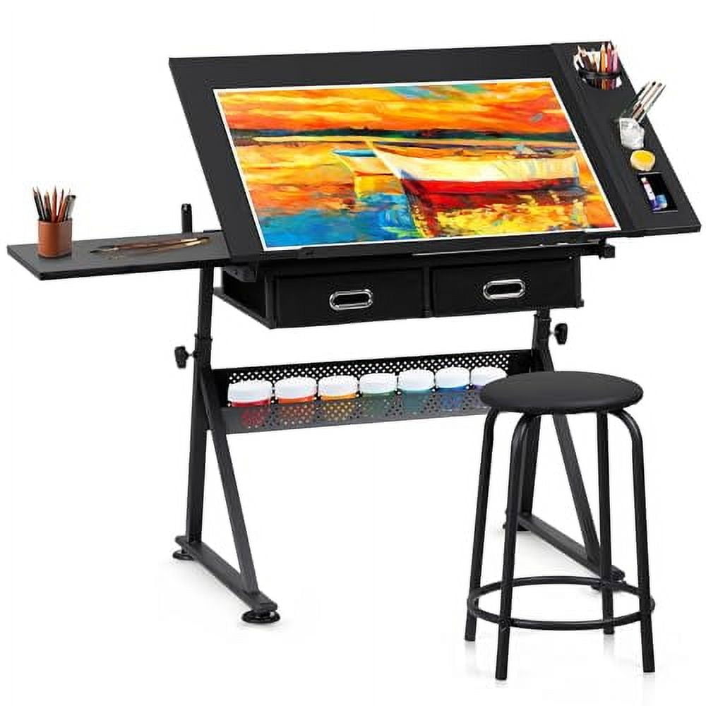 ZENY Adjustable Drafting Table with Stool, Tilting Drawing Desk Artist ...
