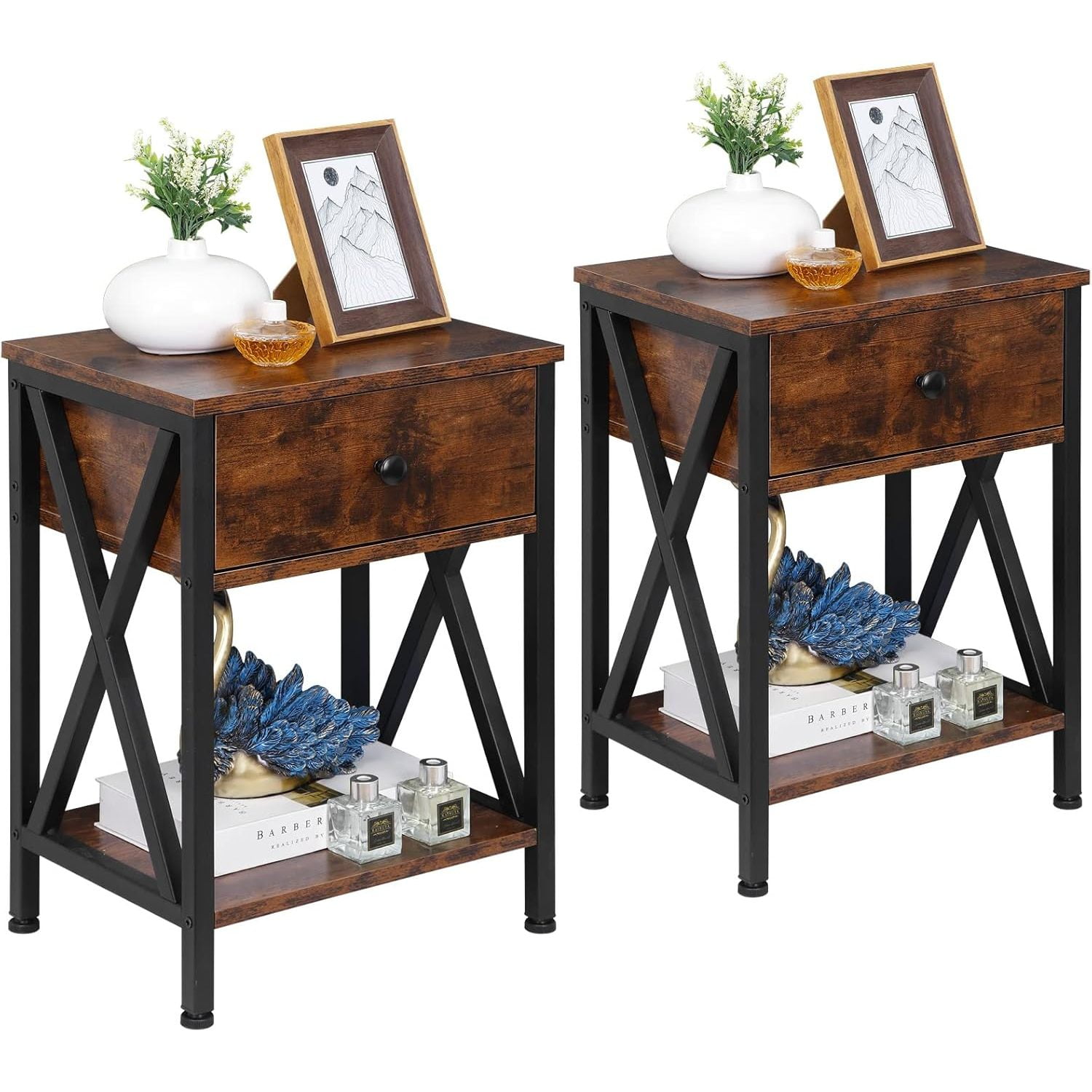 ZENY End Table Set of 2, Side Table with Drawer, X-Design Versatile ...