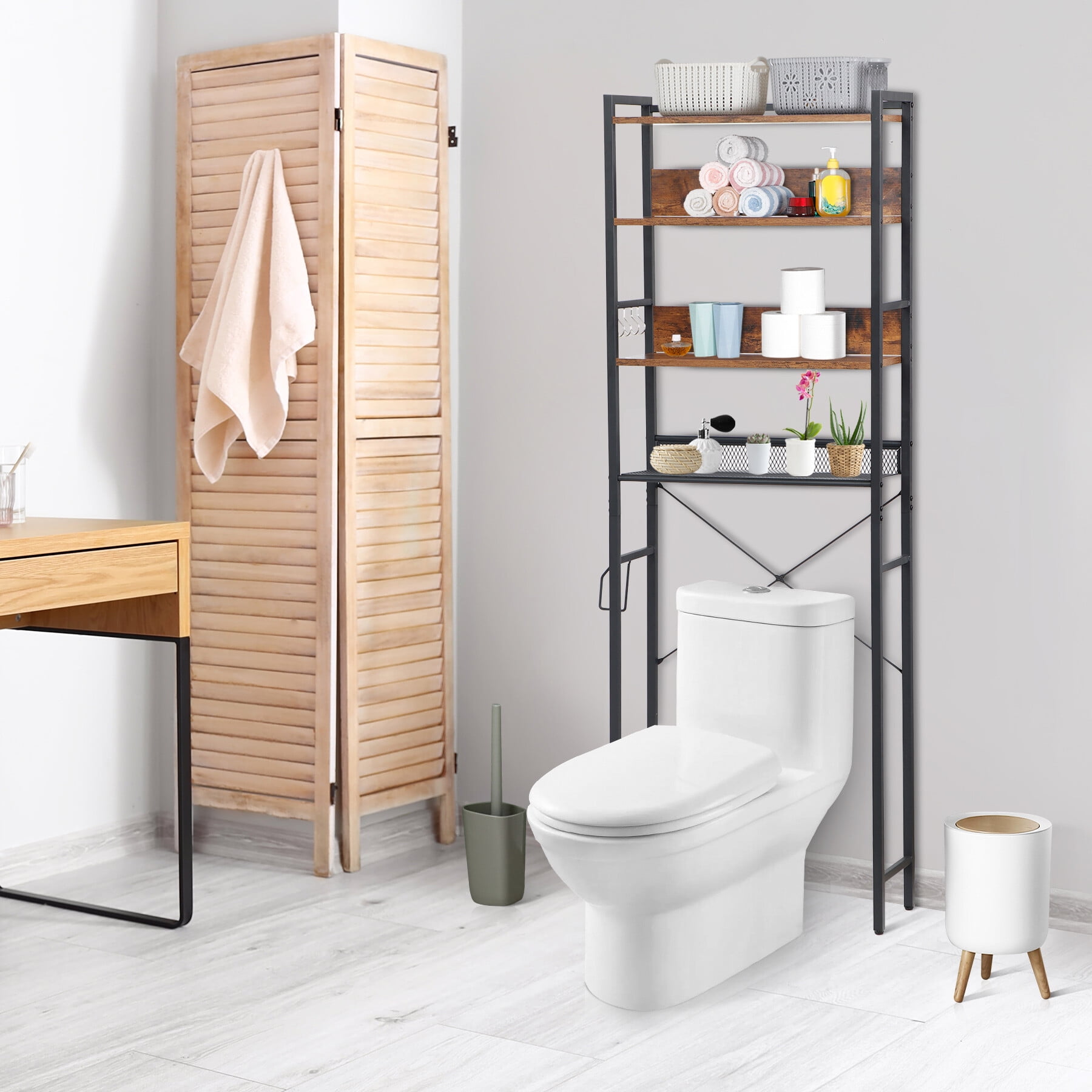 ZENY Over-the-Toilet Storage Rack, 4-Tier Metal Frame, Hooks, Brown ...