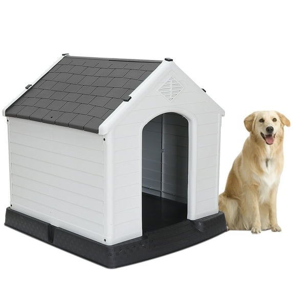 "ZENY Indoor & Outdoor Large Dog House, 32"" Waterproof Plastic Kennel for All Lifestages, Gray ...