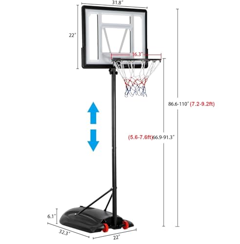 ZENY Portable Basketball Hoop Outdoor, 7.2ft - 9.2ft Adjustable ...