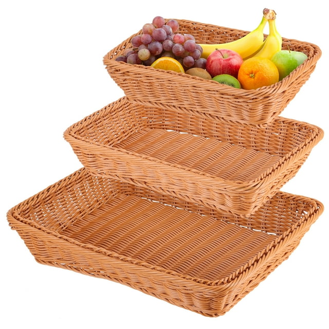 ZEONHAK 3 Pack Brown Poly Wicker Bread Baskets Set, 16, 14, 12 Inch ...