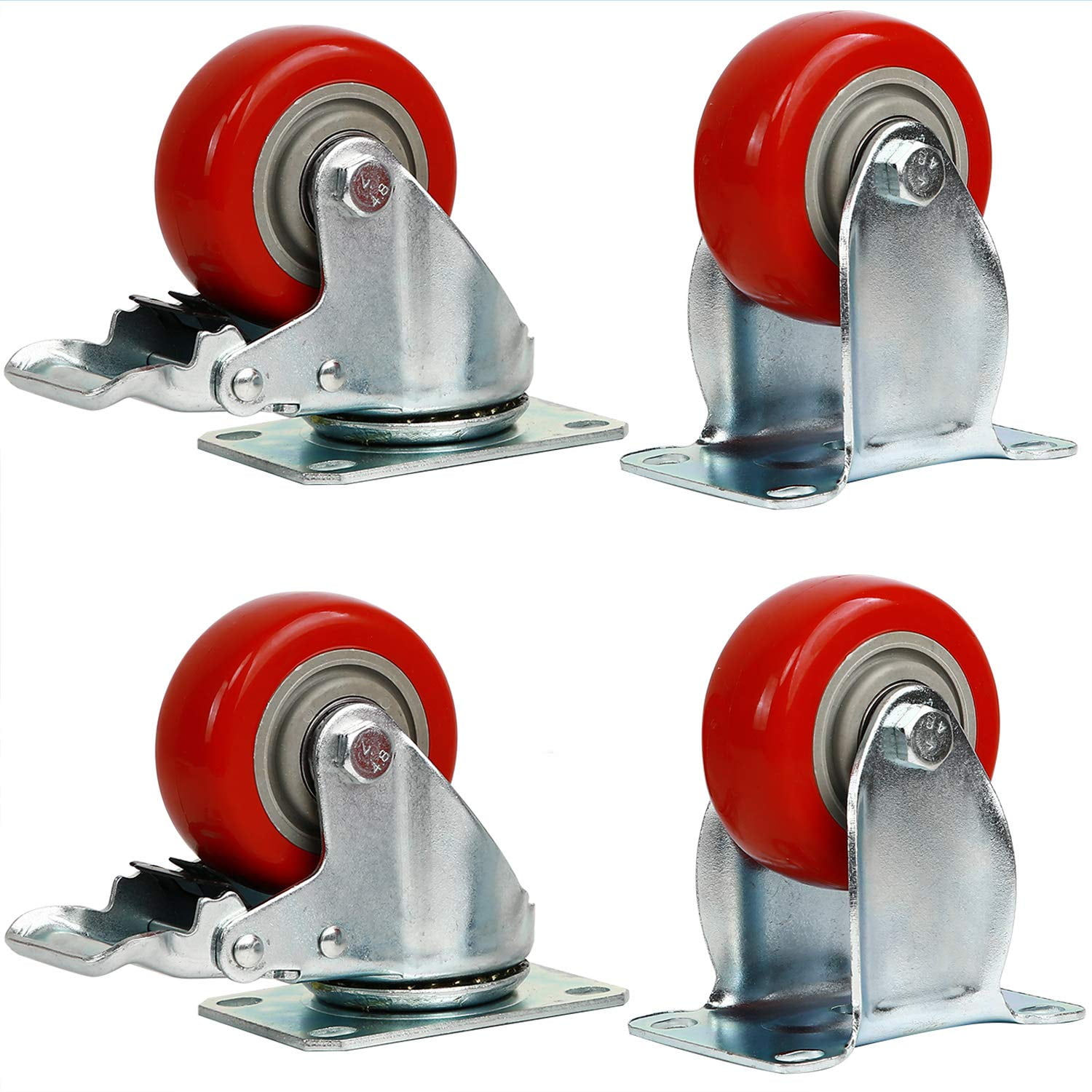ZEONHAK 4-Pack, 3 Inch Heavy Duty Red Swivel Casters, Polyurethane, 2 ...