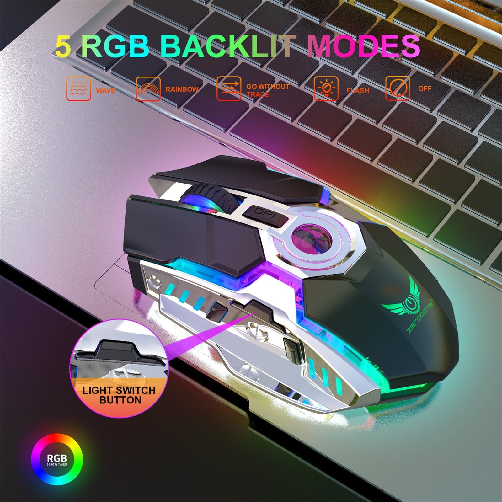 ZERODATE-T30 Wireless Mouse Rechargeable RGB 2.4G Mouse Ergonomic ...