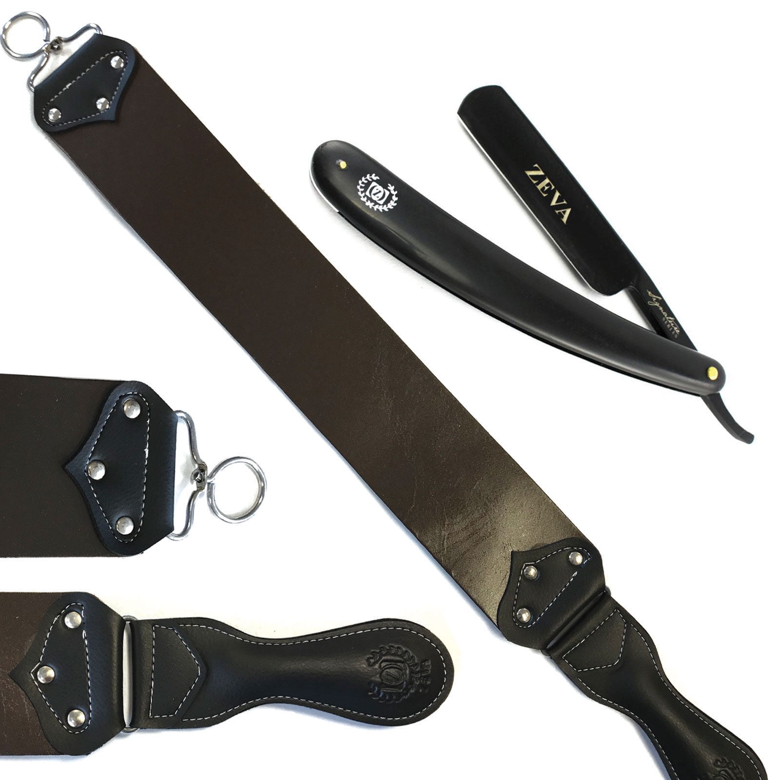 ZEVA BLACK STRAIGHT EDGE RAZOR WITH EXTRA WIDE RAW COWHIDE LEATHER ...