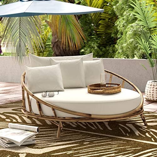 ZEW Rattan Bamboo Round Daybed Outdoor Sofa Chair with Cushion and ...