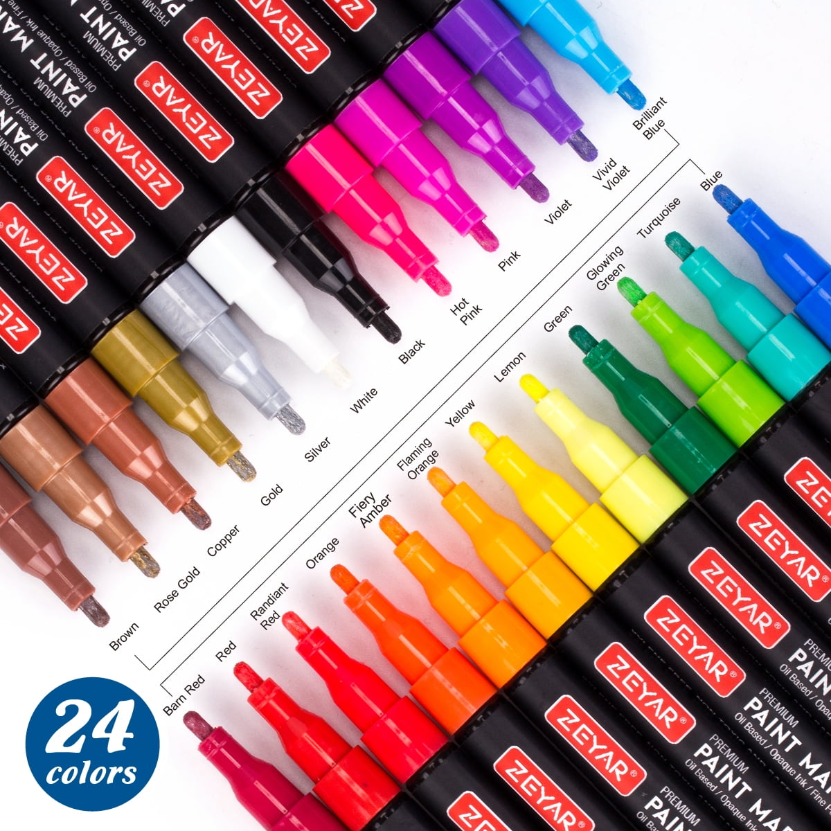 ZEYAR, Paint Markers, 24 Colors Fine Point, Waterproof Permanent Ink ...