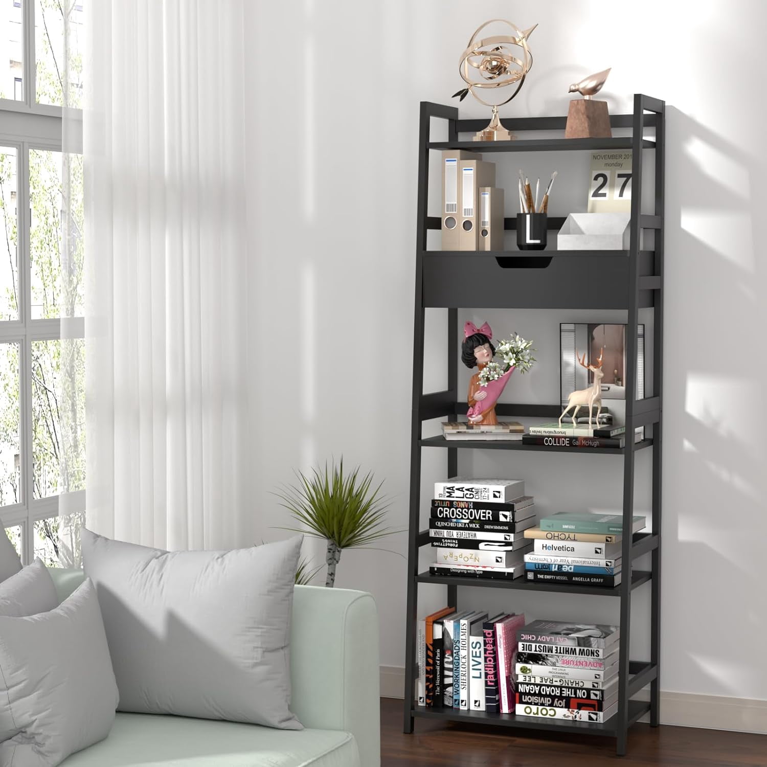 ZFGSUIJN Black Bookshelf Tall Stand 5 Bookcase with Drawers Modern ...
