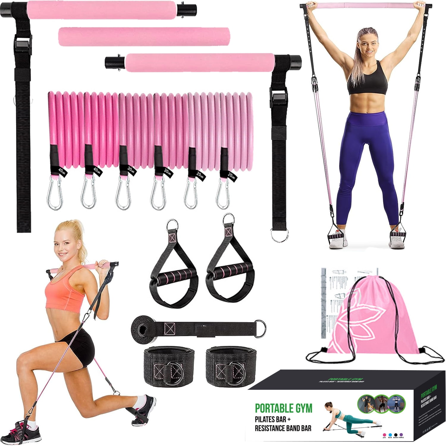 ZFITEI Portable Yoga Pilates Bar with Adjustable Metal Buckle Pink 3 ...