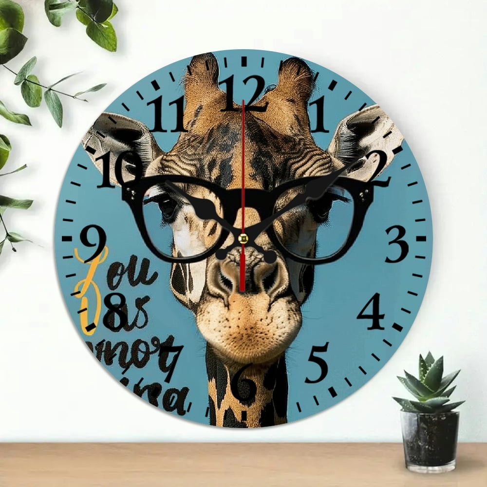 ZFLMY 10 Inch Round Wooden Wall Clock with Giraffe Glasses Slogan Print - Silent Mechanical ...