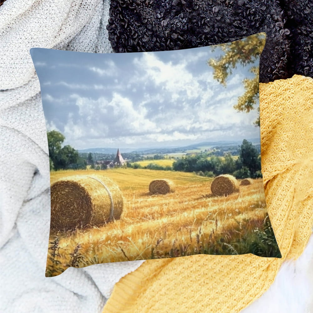 ZFLMY 100% Linen Pillow Covers Hay Bales Theme for Home Sofa Couch ...