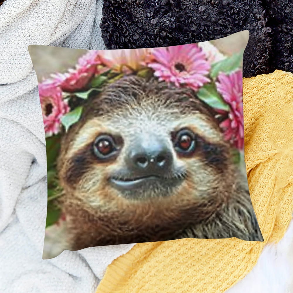 ZFLMY 100% Linen Sloth Flower Crown Pillow Cover for Home Sofa Couch ...