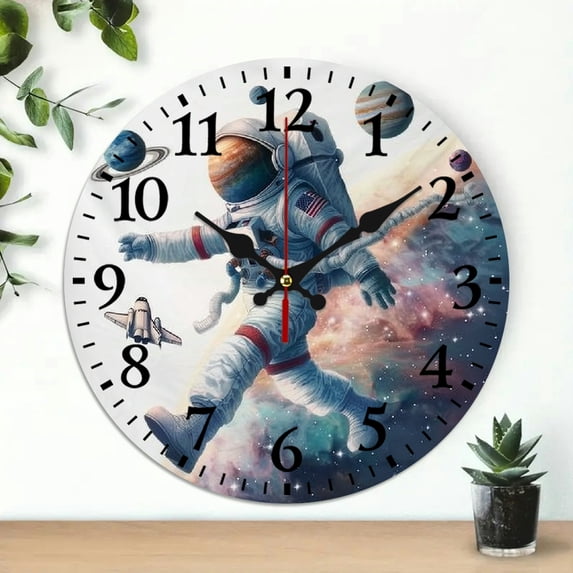 ZFLMY Astronaut Planets Space Shuttle Theme Wooden Wall Clock, 10 Inch ...