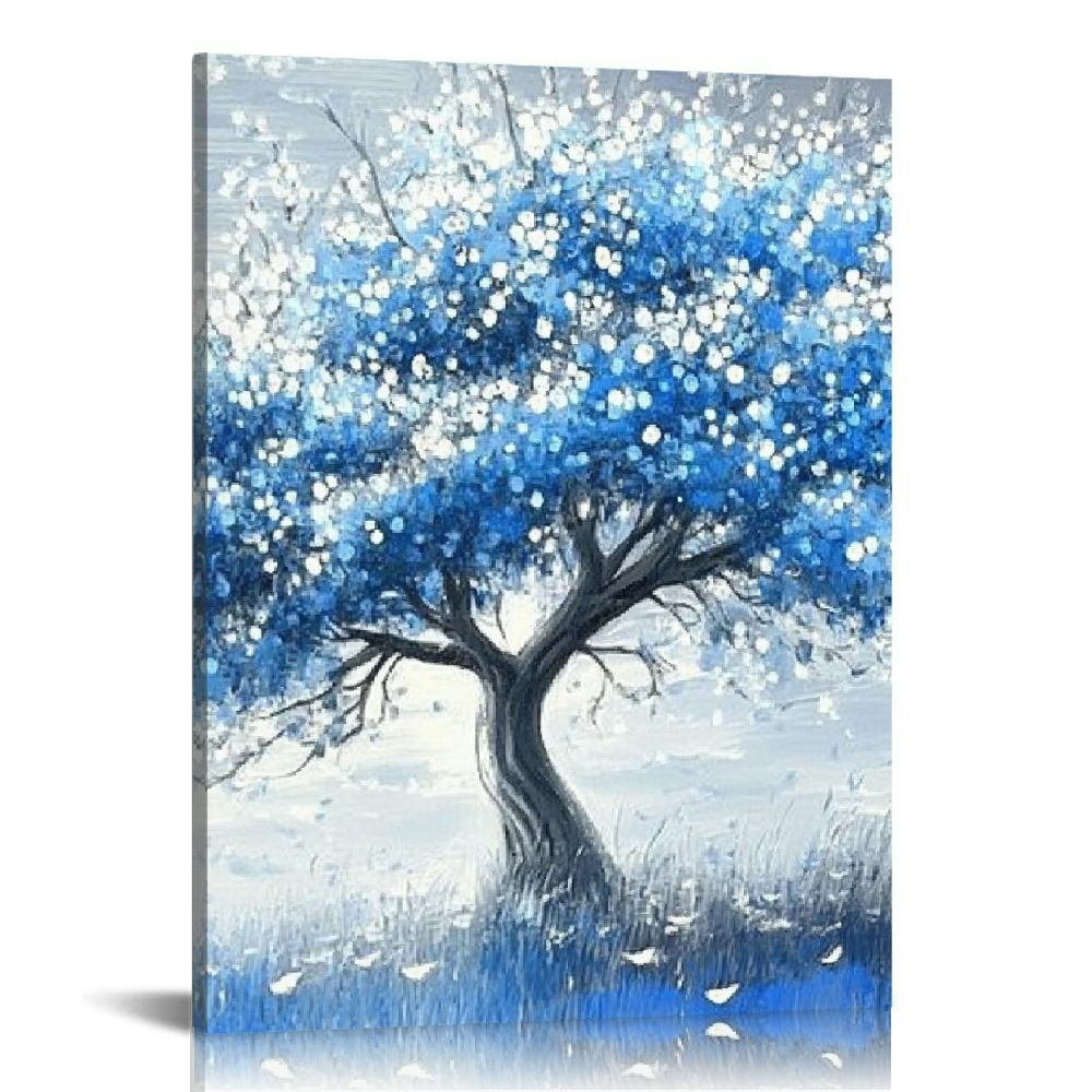 ZFLMY Blue Tree White Flowers Canvas Wall Art Decor Print for Home ...