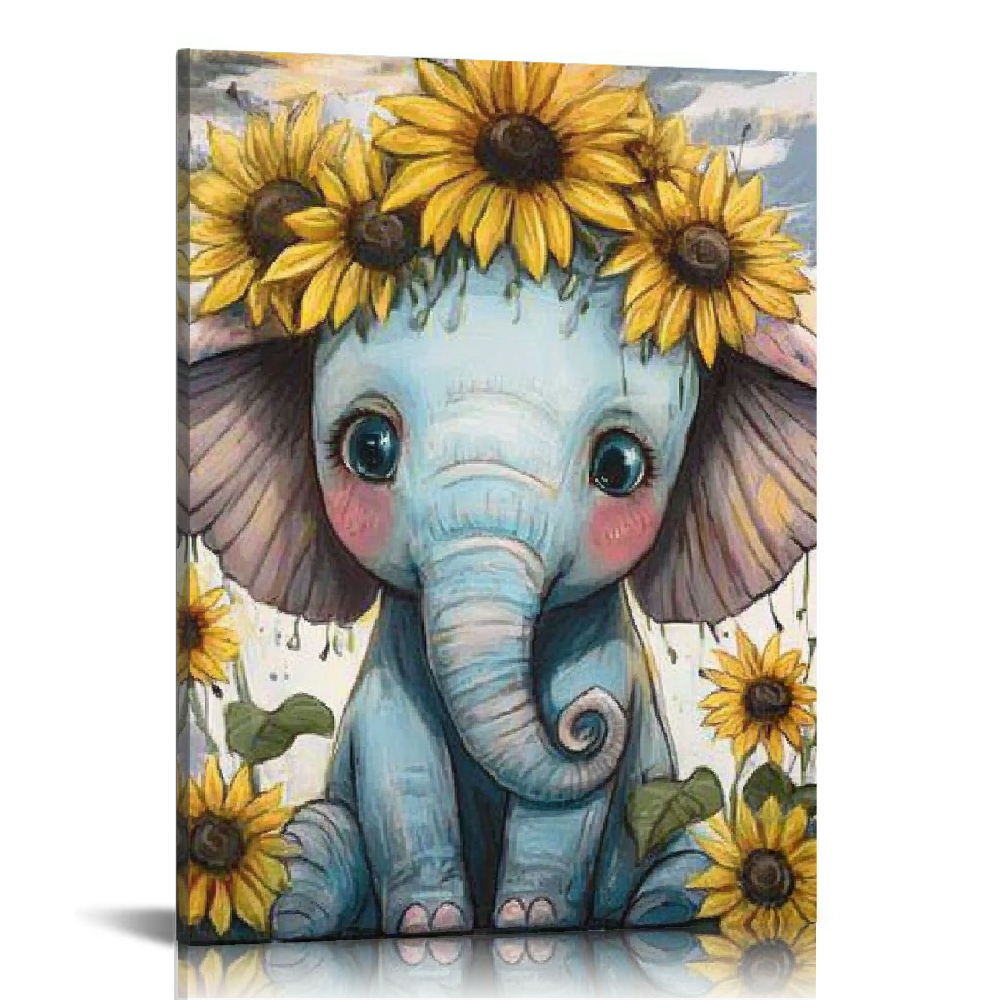 ZFLMY Elephant Sunflowers Pop Surrealism Canvas Wall Art Print 12x16in ...